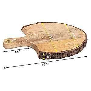 GoCraft Wooden Cutting Board with Tree Bark Rim | Paddle Shaped Mango Wood Live Edge Chopping, Prep, Serve Board with Handle | Charcuterie Platter - 16.75" x 9"