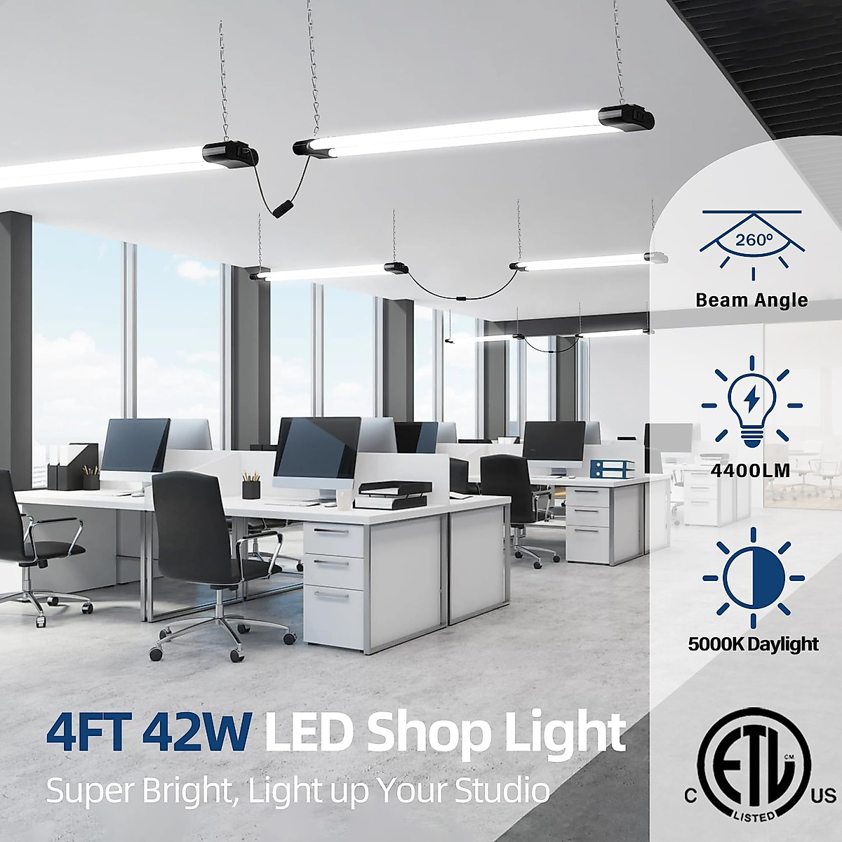 Hykolity 4 Pack Linkable LED Shop Light, 4FT 44W [300W Equivalent], 4600lm, 5000K Daylight, Plug-in Utility Light Fixture, Hanging or Surface Mount, Black - Energy Efficient Lighting Solution