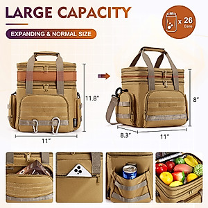 Double Layer Insulated Lunch Bag for Adults, Expandable Tactical Lunch Bag Leakproof 26-Can Large Lunch Cooler Bag with Adjustable Shoulder Strap Adults Durable Lunch Pail for Work Picnic Hiking Brown