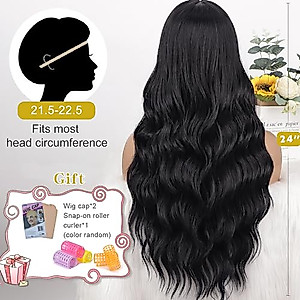 AISI QUEENS Black Wig with Bangs, Long Black Wavy Wigs for Women Synthetic Wigs Natural Black Curly Hair Wig for Girls Daily Party Use