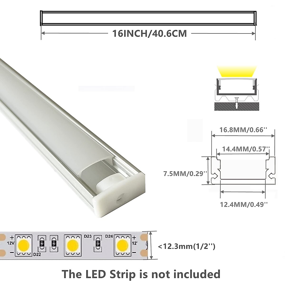 THMOOTHER 6-Pack 16inch Surface Mounted LED Strip Aluminum Channel with Anti UV Diffuser - Enhance Your Lighting with Style and Functionality