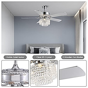 CROSSIO 52 Inch Crystal Ceiling Fan with Light and Remote Control, Modern Chandelier Fan with 5 Reversible Wood Blades Chrome Fandelier for Living Room Bedroom (Fine line Crystal-Ceiling Fan)