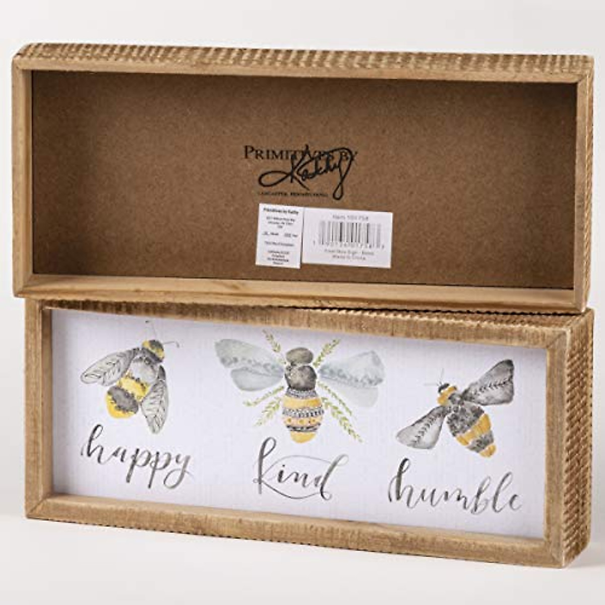 Primitives by Kathy 101758 Inset Box Sign, 10" Length x 4.25" Height x 1.75" Width, Bees - Happy, Kind, Humble
