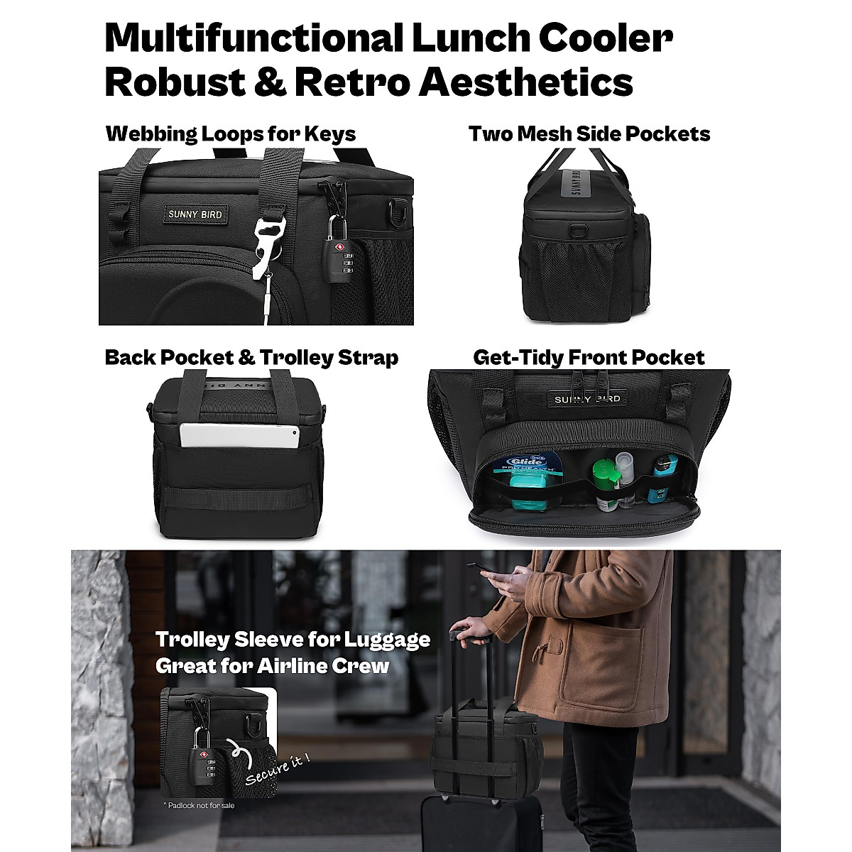 SUNNY BIRD 12L Large Insulated Lunch Bag, Leakproof and Foldable Lunch Cooler Box for Women Adult and Men, Fits 18 Cans (Black 01)