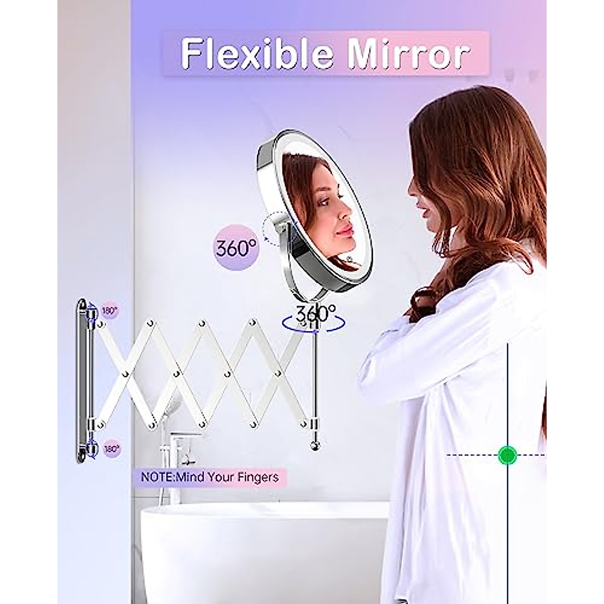 Rechargeable Wall Mounted Lighted Makeup Mirror, 1X/10X Magnifying Mirror with 3 Light Settings, 8 Inch 360° Swivel Extendable Bathroom Mirror, Double Sided Telescoping Mesh Vanity Mirror - Chrome