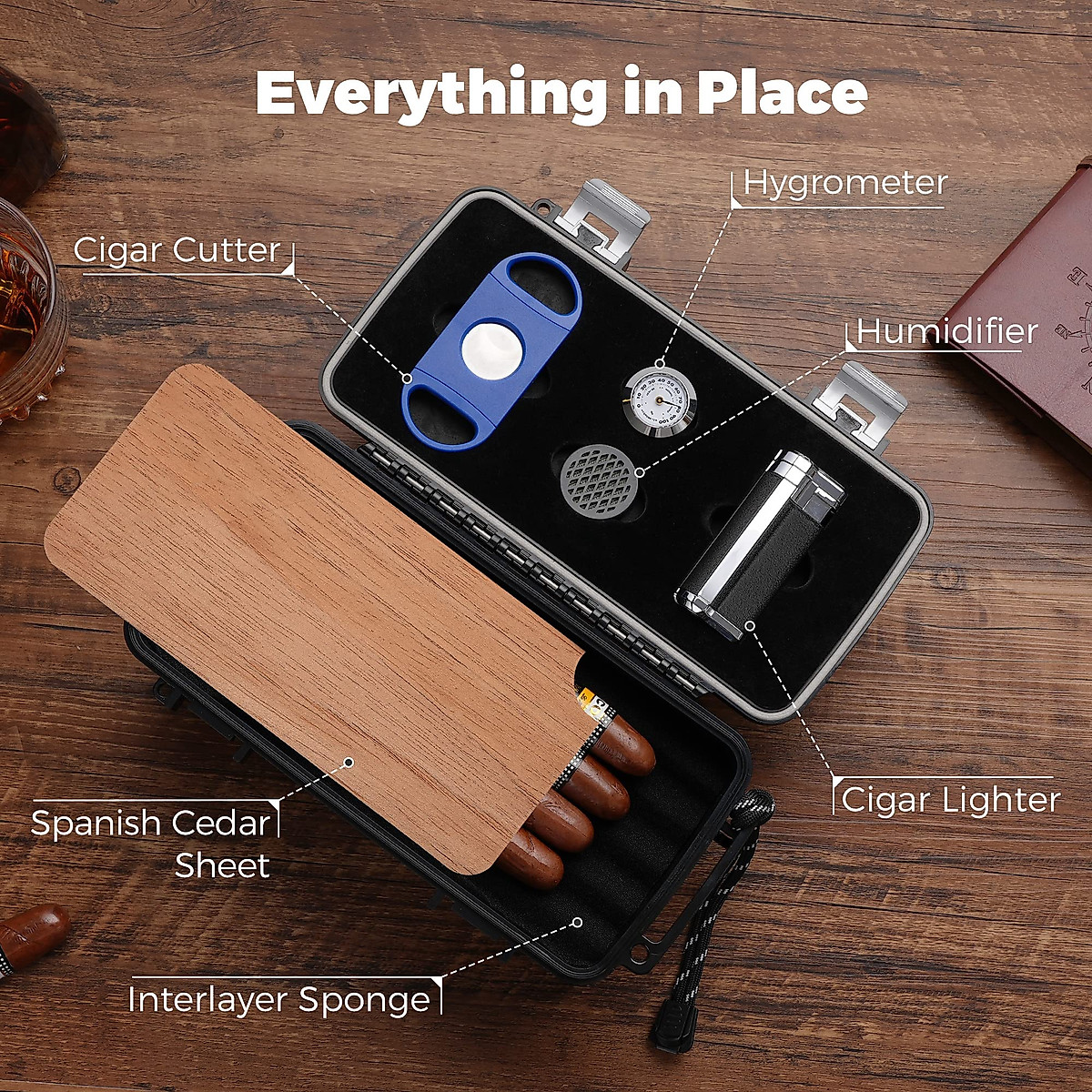 CINOROW Travel Cigar Humidor Case for 10-15 Cigars with Lighter and Cutter, Hygrometer and Humidifier, Spanish Cedar Sheet, Portable Waterproof Cigar Carrying Case, Gift for Men