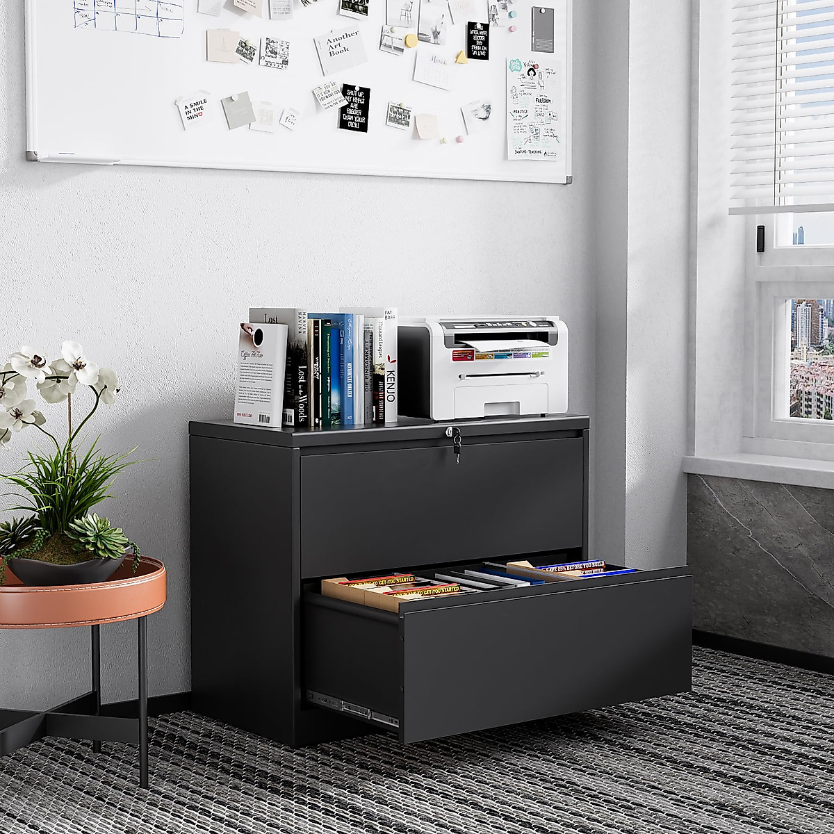 WIILAYOK Lateral File Cabinet with Lock,2 Drawer File Cabinet for Home and Office, Organizer Storage Lateral Locking Filing Cabinet, Black