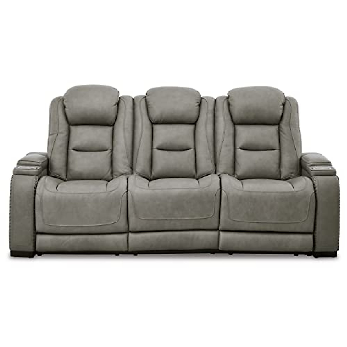 Signature Design by Ashley The Man-Den Leather Power Reclining Sofa with Adjustable Headrests & Wireless Charging, Gray