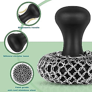Cast Iron Scrubber | Dish Scrub Brush | 316 Cast Iron Cleaner Chainmail Scrubber for Cast Iron Pan Skillet Cleaner - Dish Scouring Pad Dishwasher Safe Cleaning Kit (Black, 1 Scrubber + 1 Scraper)