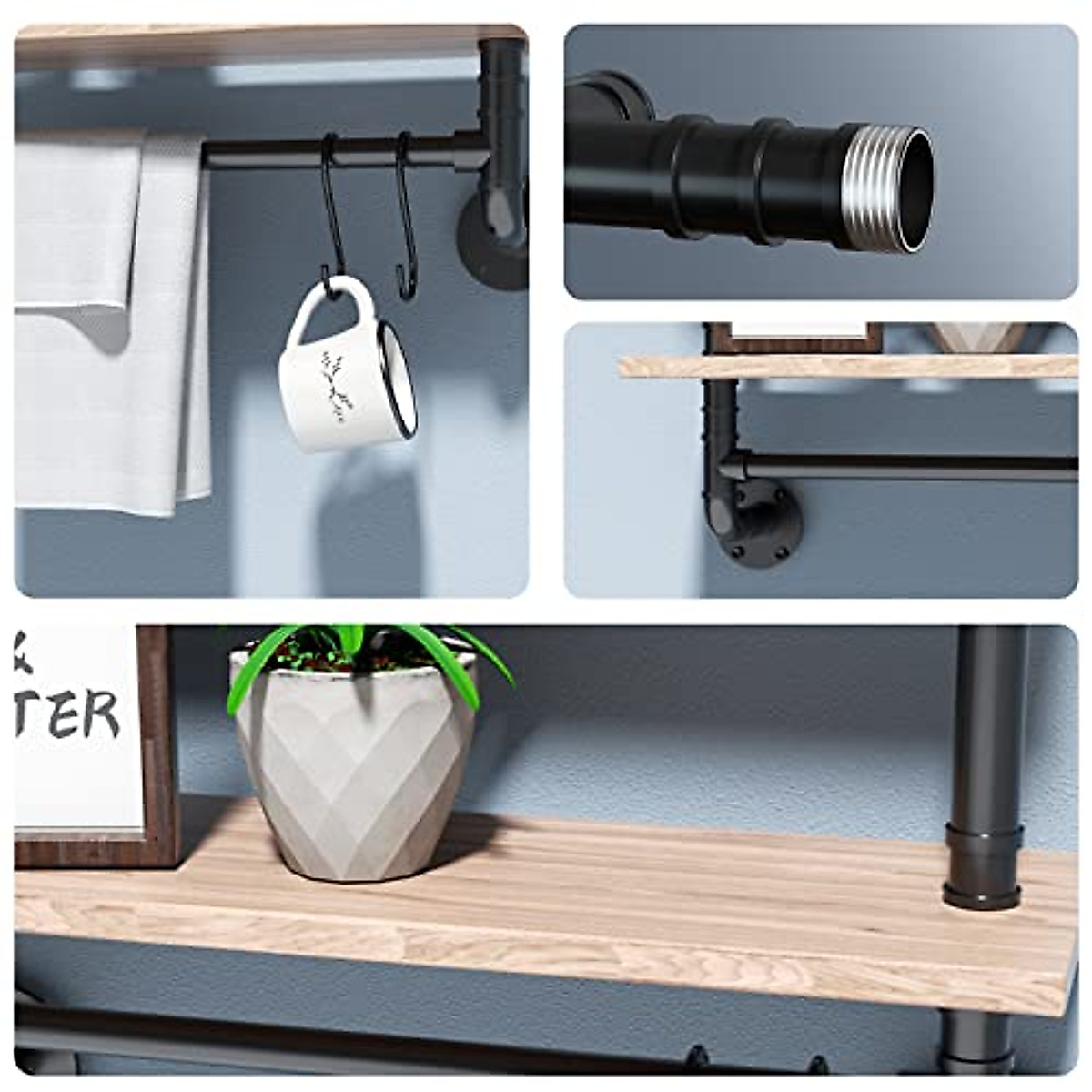 SDMETEI 24 Inch Industrial Pipe Shelf Bathroom Shelves, Rustic Wood Shelf with Towel Bar 2 Tier Farmhouse Industrial Pipe Shelving Towel Rack Over Toilet for Storage