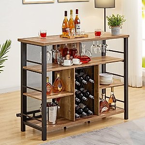 BON AUGURE Industrial Home Bar Unit for Liquor and Glasses, Indoor Mini Bars for Home, Rustic Wine Bar Cabinet with Stemware Rack and Foot Rail (Vintage Oak)