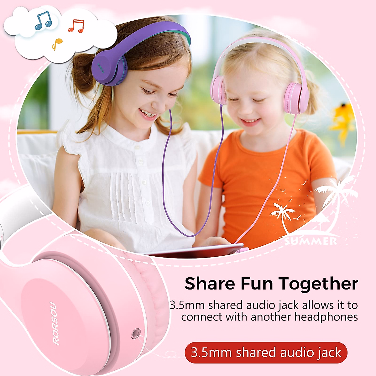 RORSOU K5 Kids Headphones with Microphone for shchool, Volume Limiter 85/94dB, Foldable Stereo Tangle-Free 3.5mm Jack Wired Cord On-Ear Headphones for Children/Boys/Girls/Kindle/Tablet/MP3/4 (Pink)