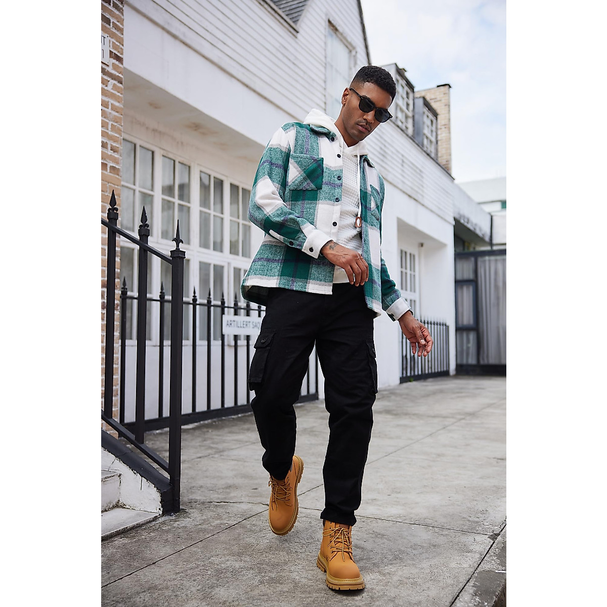 COOFANDY Mens Long Sleeve Drawstring Plaid Jacquard Hooded Sweatshirt, White, Large