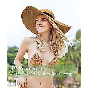 Beach Hats for Women, Wide Brim Sun Straw Hat Foldable Summer Floppy Hat UV Protection Cap, A-Khaki