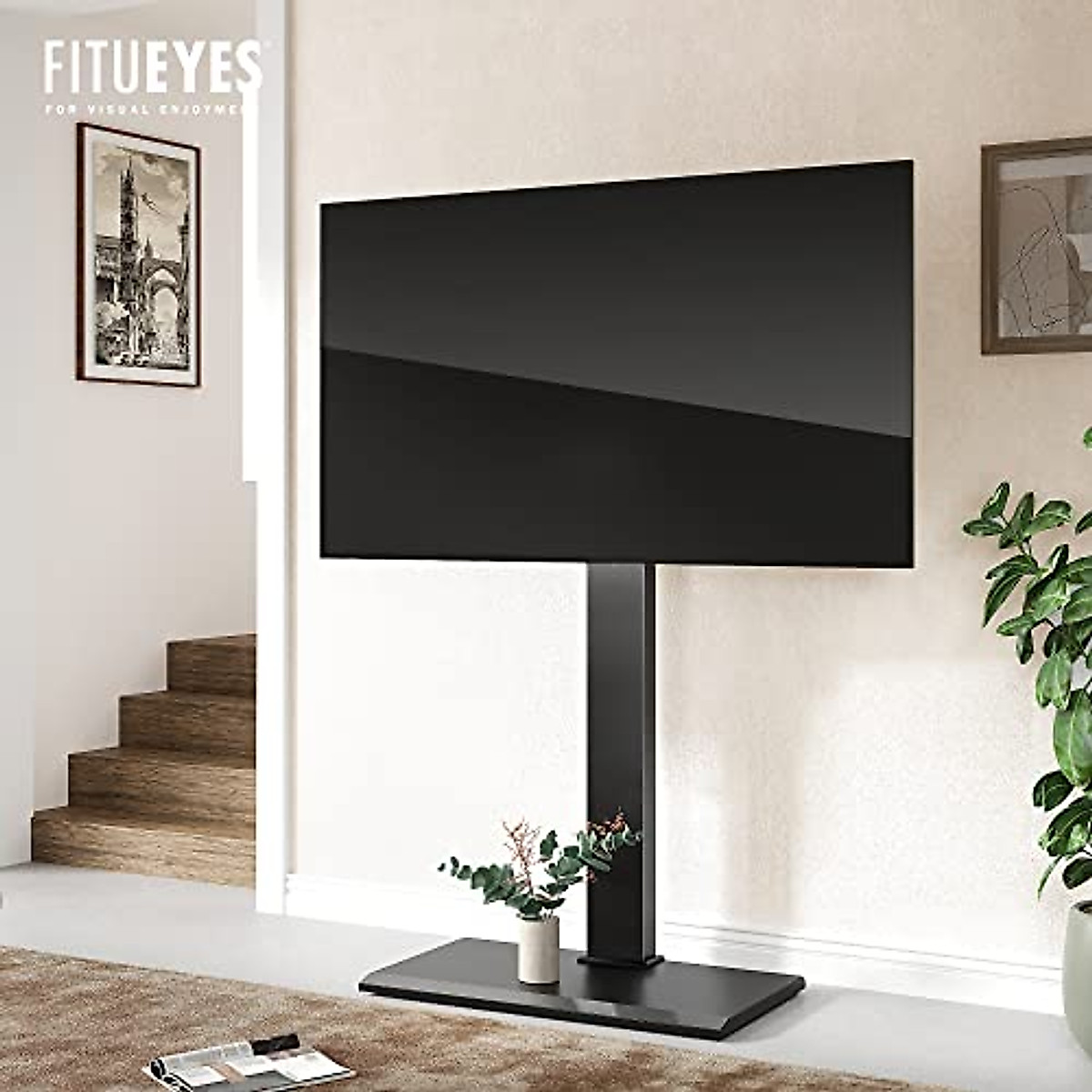 FITUEYES Iron Base Universal Floor TV Stand with Swivel Mount Space Saving for 50-85 Inch LED LCD OLED Plasma Flat Panel or Curved Screen TVs Height Adjustable Wire Management (Black)