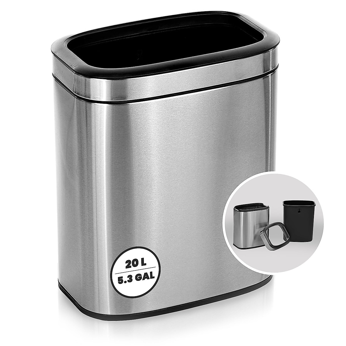 Alpine 20 Liter /5 Gallon Trash Can Open Top - Slim Stainless Steel Trash Can No Lid, Modern Silver Metal Wastebasket, Narrow Trash Can with Removable Trash Bin for Office Desk, Kitchen, Bathroom