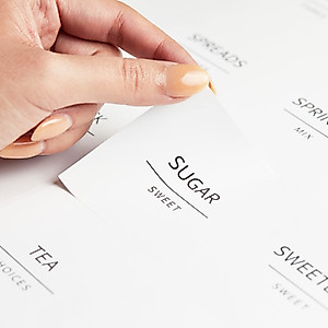 Talented Kitchen 144 Fine Line Pantry Organization Labels for Food Storage Containers, Preprinted Black All Caps on Matte White Vinyl Stickers + Numbers for Minimalist Kitchen (Water Resistant)