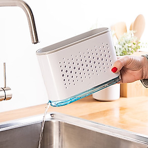 Minky Homecare Slimline Caddy, Sponge Holder for Kitchen, Slim Design Fits Anywhere Sink Organizer with Brush Compartment, Removable Tray, Drainage Spout-Made in UK, One Size, White