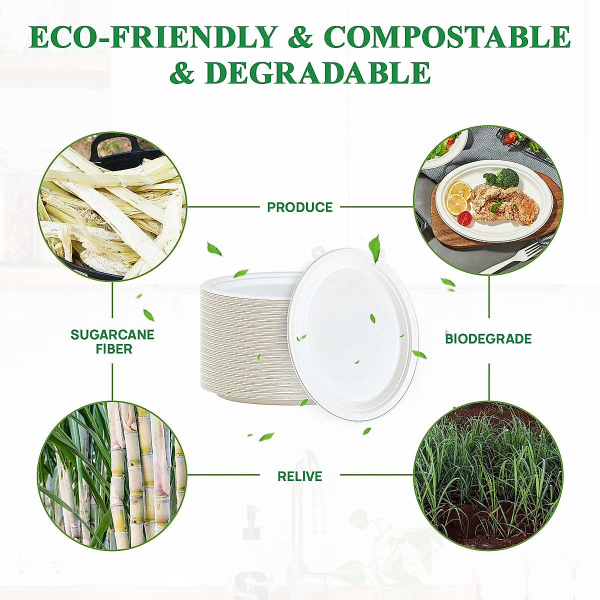 Vplus 100% Compostable Oval Paper Plates 12 inch 125 Pack Super Strong Disposable Paper Plates Bagasse Natural Biodegradable Eco-Friendly Sugarcane Plates for BBQ, Party, Dinner, and Picnic