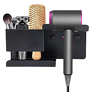 Blow Dryer Holder, SHAIDOJIO Hair Tool Organizer Wall Mounted, Aluminum Alloy Hair Dryer Holder, Muti-Function Hair Dryer Stand with Plug Hook (Black)