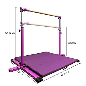 JOYSFIT Adjustable Gymnastics Bar for Kids with Mat - Sturdy Kip Bar with Rings, Horizontal Bar for Home Training, 3'-5' Height, Ages 3-15, 250 LBS Capacity, Easy Assembly. (Bar with Mat, Purple)
