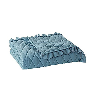 BOURINA Quilted Throw Blanket with Ruffles Pre-Washed Microfiber Ultra Soft Cozy Lightweight for Couch Bed Sofa Throw Blankets,Blue,60"x80"