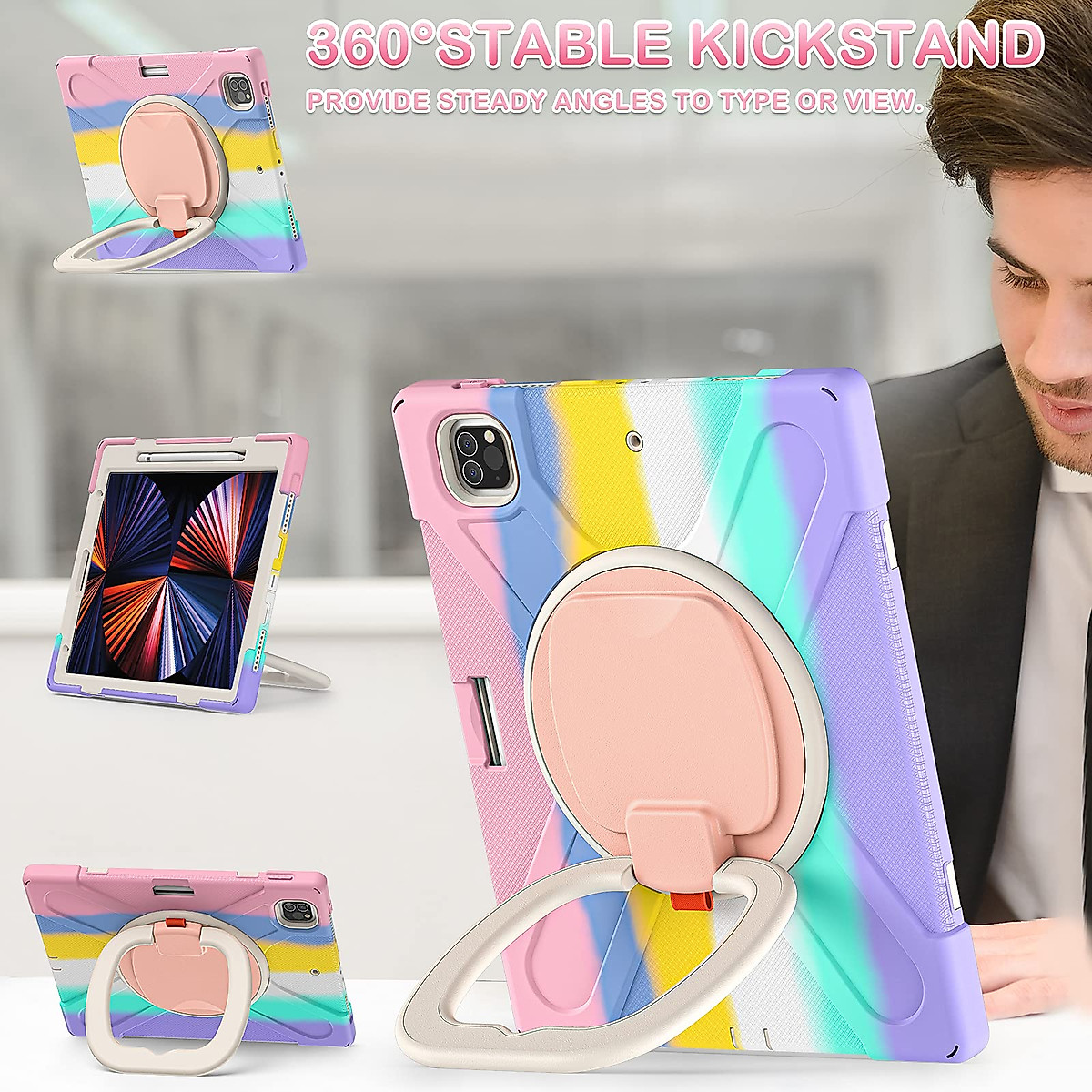 BATYUE iPad Pro 12.9 2021 Case,[Rugged] [Heavy Duty] iPad Pro 12.9 5th Generation Case with 360° Swivel Stand/Handle Grip/Shoulder Strap/Wireless Apple Pencil Charging Pencil Holder - Colourful Pink