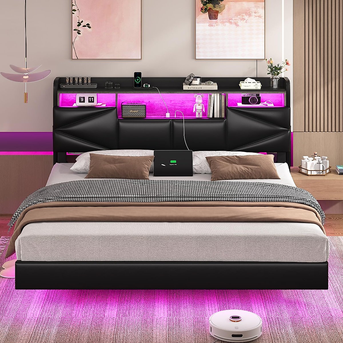 BTHFST Floating King Bed Frame with Storage Headboard & Charging Station, RGB LED Floating Platform Bed, Solid Wood Slats Support, No Box Spring Needed, PU Black