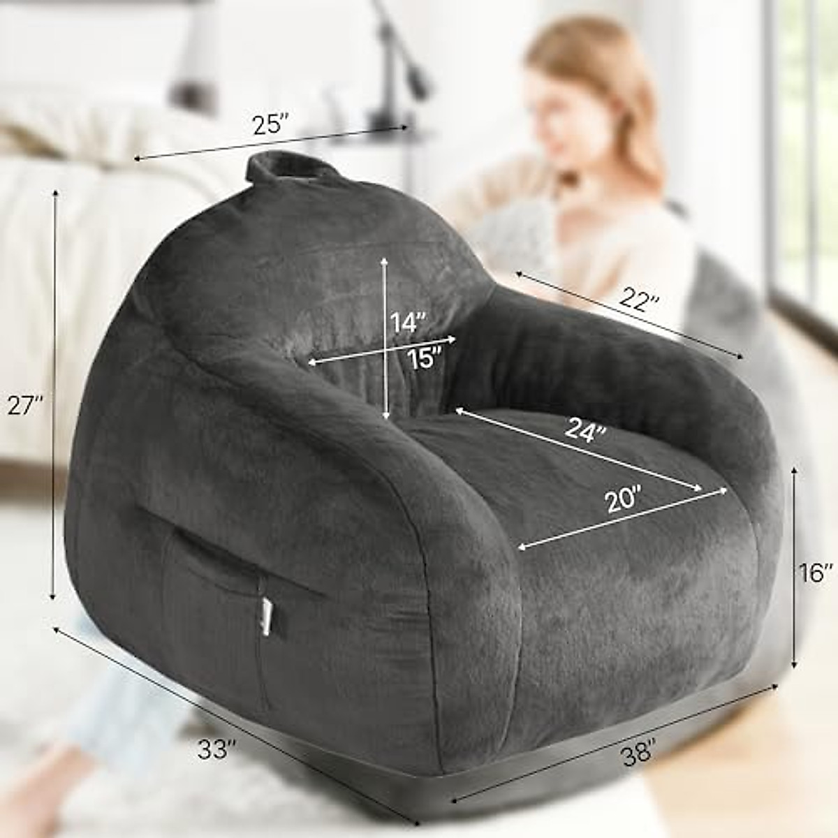 Codi Comfy Bean Bag Chair for Bedroom, Giant BeanBag Sofa - Large and Lazy Lounge Chairs for Adults and Teens - Fluffy Faux Fur with Memory Foam Filler Included - Grey