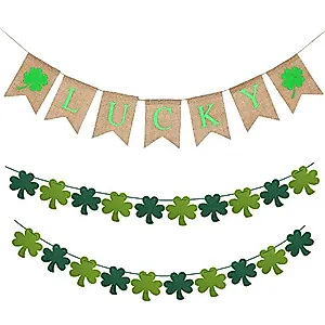 3 Pieces St Patrick's Day Garland Banner Decorations Lucky Burlap Banner Shamrock Irish Leaf Clover Banner Rustic Felt Hanging Banner for Mantel Fireplace Indoor Outdoor Saint Party Decor Supplies