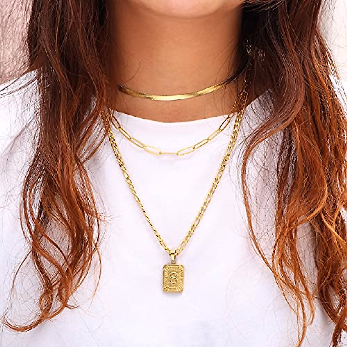 Memgift 3pcs Gold Layering Necklace Set Dainty Trendy Paperclip Snake Choker Gold Filled Stainless Steel Figaro Chain Layered Necklaces Jewelry Gifts Square Pendant Letter A