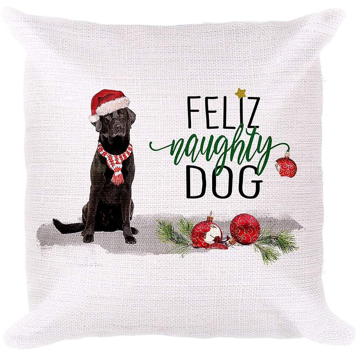 Studio 9Thirty3 Feliz Naughty Dog Black Lab Linen Christmas Pillow Cover Only