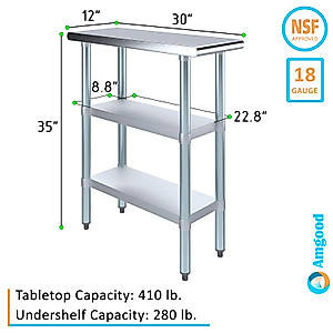 AmGood Stainless Steel Work Table with 2 Shelves | NSF | Metal Utility Table (12" Long x 30" Deep)