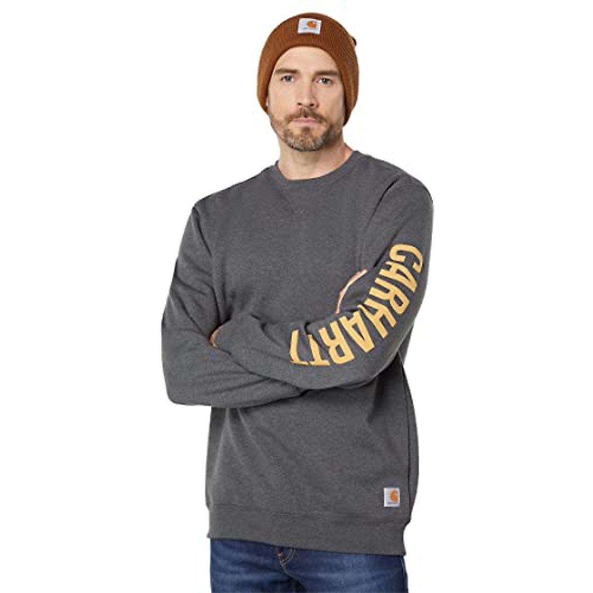 Carhartt Men's Loose Fit Midweight Crewneck Logo Sleeve Graphic Sweatshirt, Carbon Heather, X-Large