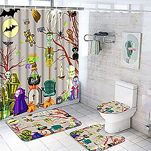 Alishomtll 4 Pcs Halloween Shower Curtain Set with Non-Slip Rugs, Toilet Lid Cover and Bath Mat, Colorful Cartoon Pumpkin Shower Curtains with 12 Hooks, Mummies Tree Ghost Bathroom Curtain
