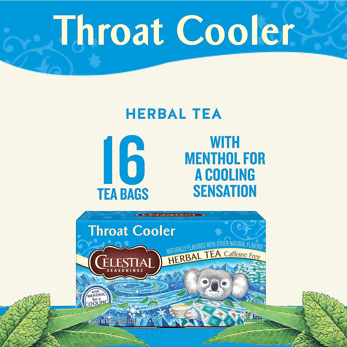 Celestial Seasonings Throat Cooler Herbal Tea, Caffeine Free, 16 Tea Bags Box