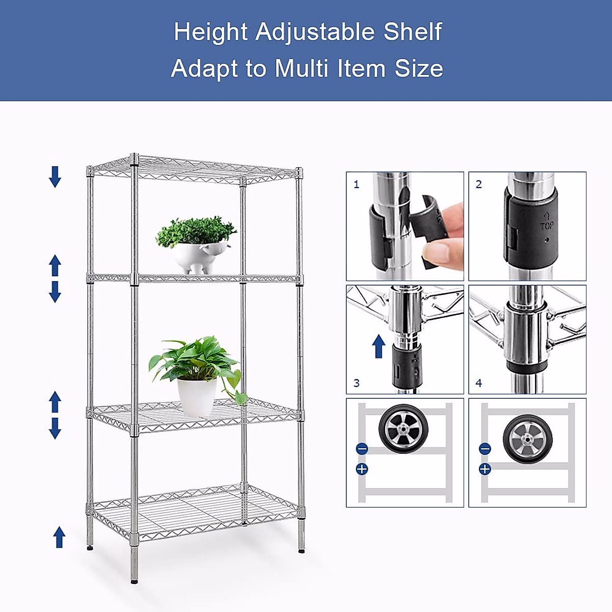 4 Tier Wire Shelving Unit, Height Adjustable Wire Shelves with 1200 LBS Capacity, NSF Metal Wire Rack Shelving for Laundry, Kitchen, Pantry, Closet (18" D x 29.5" W x 59" H, Chrome)