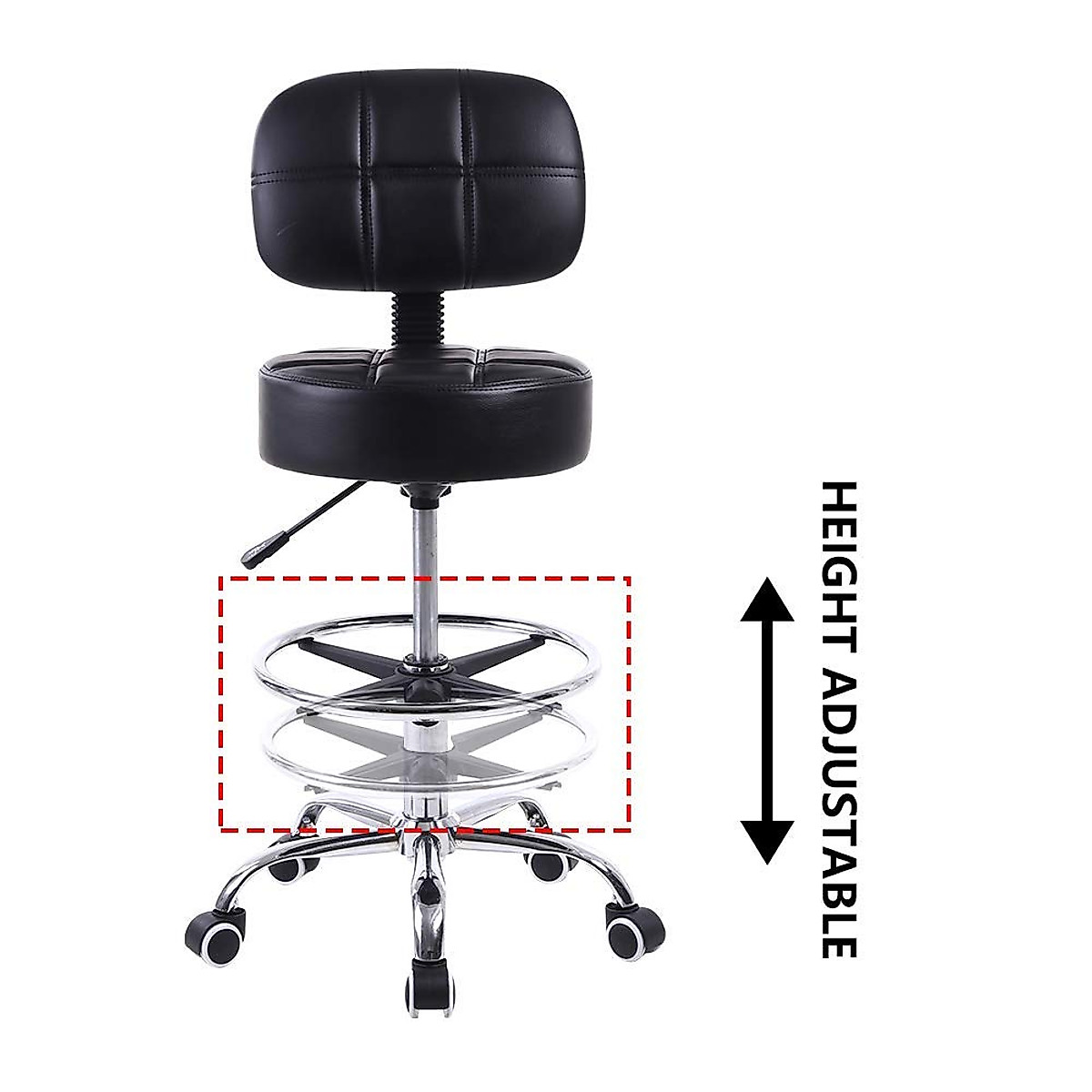 KKTONER Swivel Round Rolling Stool PU Leather with Adjustable Foot Rest Height Adjustable Task Work Drafting Chair with Back(Black)