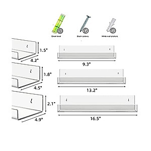 ROYALITA Clear Acrylic Floating Shelves - Set of 3 (16.5", 13.2", 9.3") - 4mm Save Space Floating Wall Decor Storage Shelves - Easy to Install & Multiuse Display for Funko Pops, Plants, Books, Makeup