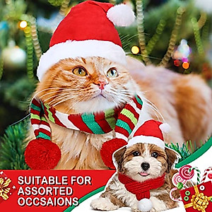 6 Pieces Christmas Dog Santa Hat and Scarf Include 3 Adjustable Christmas Cat Hat and 3 Pet Knit Red Scarf with White Pompom Ball Striped Scarf Winter Pet Accessory for Small Medium Large Dog