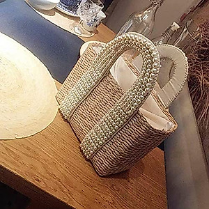OWLEEN New Women's Bag with Pearl Ladies Tote Handbags Handmade Straw Basket Messenger Bag for Vacation Life, Creamy-white