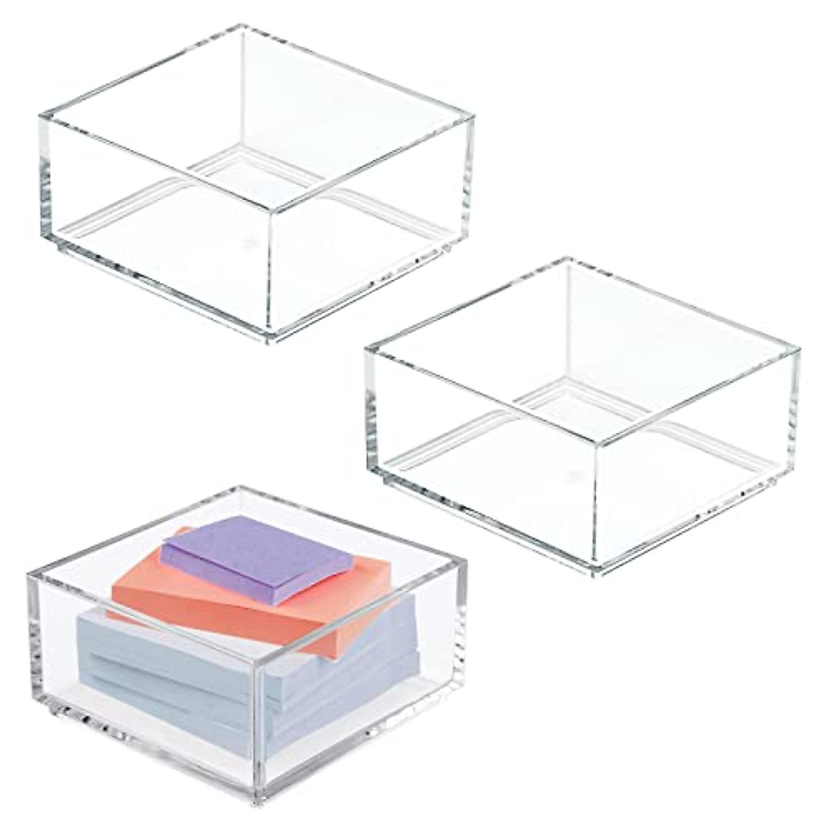 mDesign Plastic Square Desk Organizer - Create Section for Home Office Drawers, Desktop - Holds Pens, Paper Clips, Notebooks and other Office Supply Accessory - Lumiere Collection - 3 Pack, Clear