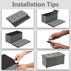 YOUDENOVA 30 Inches Folding Storage Ottoman Bench, Velvet Storage Chest, Footrest Couch with Wooden Legs, Support 350lbs for Bedroom, Living Room, Hallway, Grey