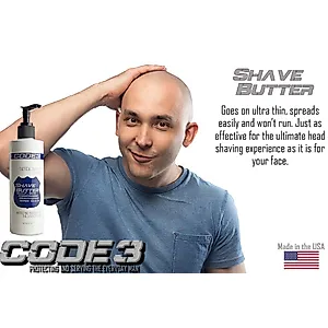 CODE 3 Shave Butter- Best Mens Moisturizing Shave Butter for Head and Face with Essential Oils and Shea Butter for an Irritation Free Shaving Experience, 8oz.