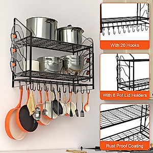 VyGrow 35 Inch Pot Rack Wall Mounted, 2 Tier Pots and Pans Organizer with 20 Hooks and 6 Pot Lid Holders, Heavy Duty Steel Pot and Pan Hanger for Kitchen Cookware Utensils Storage 34.7" Lx13 Wx26.4 H