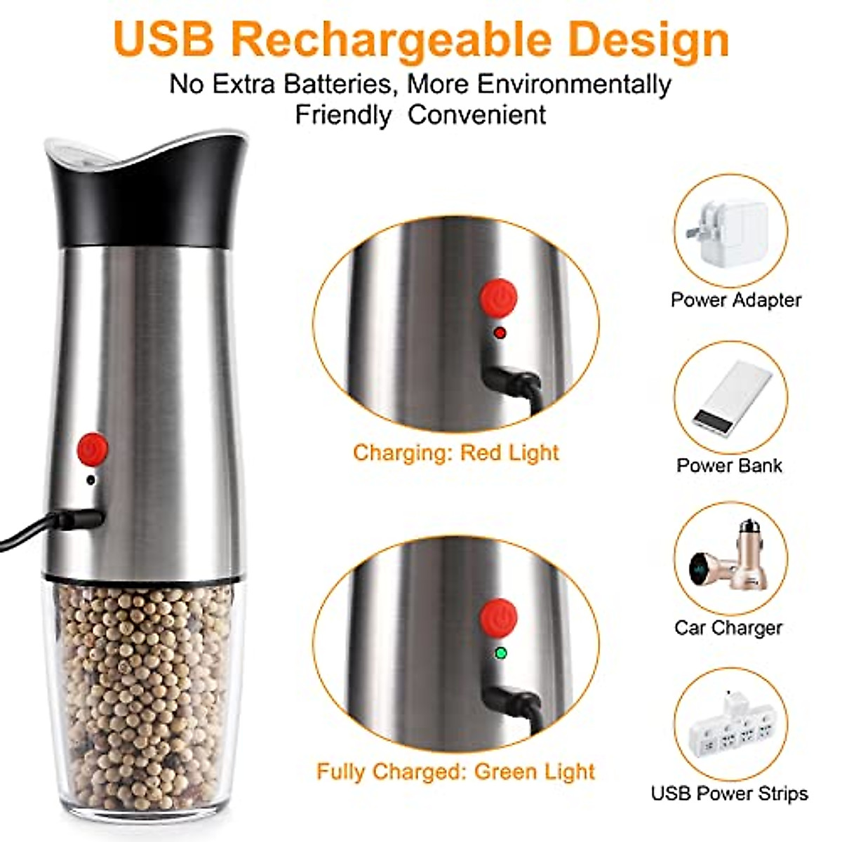 Electric Salt and Pepper Grinder Mill Rechargeable: - USB Automatic Gravity Peppermills Set, Adjustable Grind Coarseness Refillable Auto Peppercorn Shaker, Rechargable Battery Operated