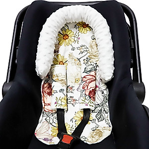 2-in-1 Baby Head Support and Strap Cover for Car Seat, Super Soft Mink Floral CarSeat Insert Cushion Headrest for Bouncers, Strollers, Swing
