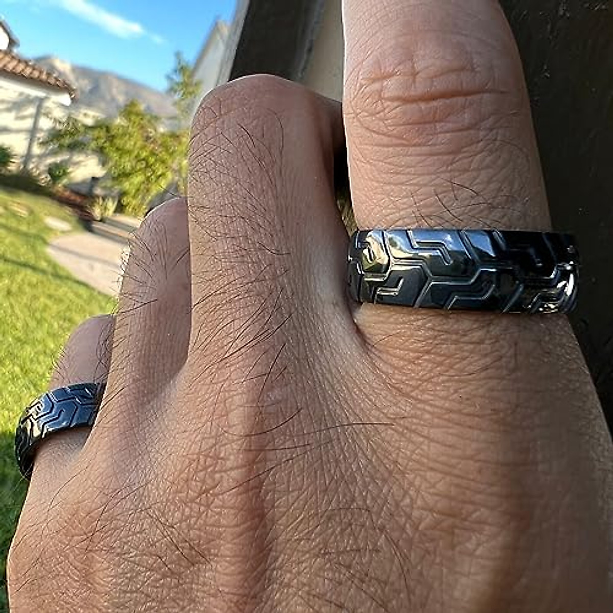 Men's Black Zirconium Metal Sports Car Biker Motorcycle Tire Tread Ring Size 4-15 (10)