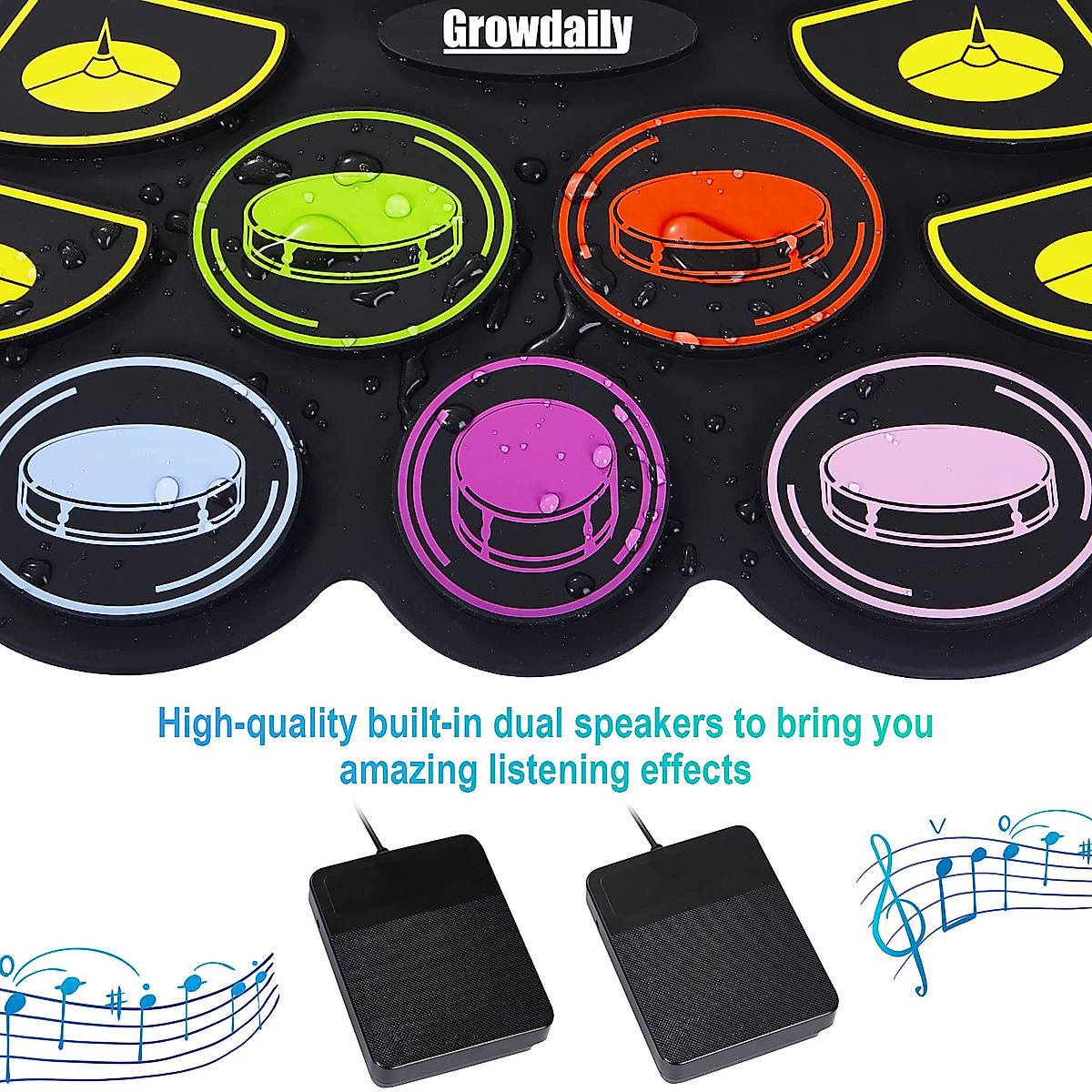 Electric Kids Drum Set,Electronic Drum Set Practice 9 Pads With Stand,Music Recording,Light Up Drum Sticks,Drum Pedal,Midi,Dual Stereo Speaker(Rainbow)