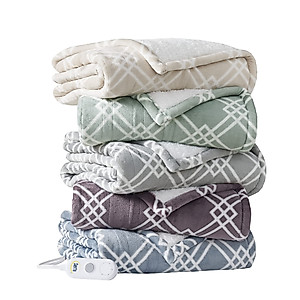 Serta Reversible Fleece to Sherpa Electric Blanket Fast Heating Soft Cover, Safety Auto Shut Off Timer, Low EMF, Multi Heat Setting, ETL Certified, Machine Washable, Purple Geo Throw (50"x 60")